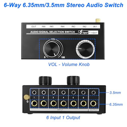 XMSJSIY 6.35mm/3.5mm Audio Selector Switcher 6-in-1-out 1/4 1/8″ TRS ...
