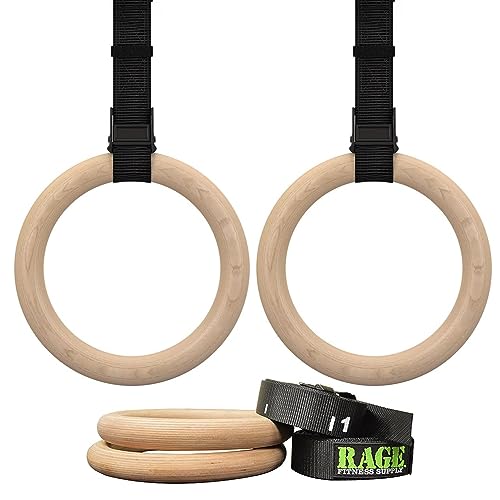Rage Fitness Gymnastics Rings, Adjustable 18’ x 1.5” Nylon Straps with ...