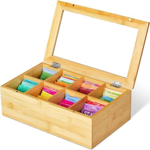 Bamboo Teabag Organiser Storage | 8 Compartments and Transparent Lid ...