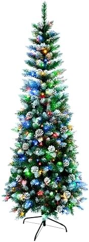 Amazon.com: Senjie Prelit Snow Flocked Pencil Christmas Tree, Slim X-mas Tree with LED Lights ...