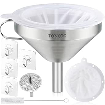 Toncoo 5 Inch Stainless Steel Funnel with Strainer and 200 Fine Mesh ...