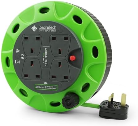Desiretech - 4 Socket Extension Lead - 5m Portable Cable Reel - Thermal ...
