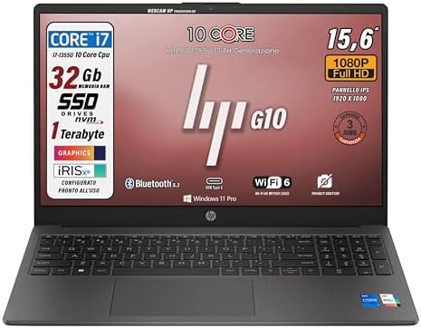 HP 250 G10, Notebook i7, Pc portatile intel core 1355U, Ram 32 Gb, SSD ...