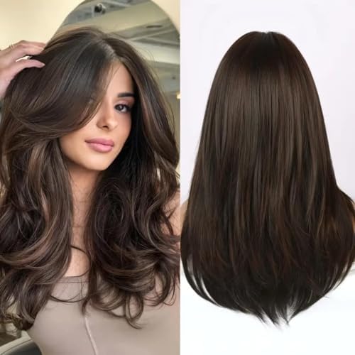 Long Brown Synthetic Hair Wig for Women - Natural Looking Middle Part ...