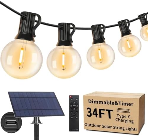 Outdoor Solar String Lights 34FT with Remote, Waterproof Dimmable ...