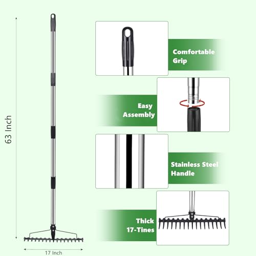 QZTODO Metal Rake Heavy Duty, 63-Inch Garden Bow Rakes for Leaves Lawns ...