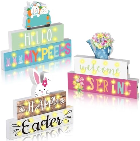 Amazon.com: Lineshading 3 Pcs Easter LED Decorations Easter Wooden Sign ...