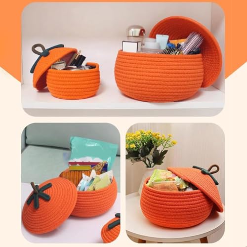 Halloween Pumpkin Basket With Lid - Orange Woven Rope Bucket for Kids ...