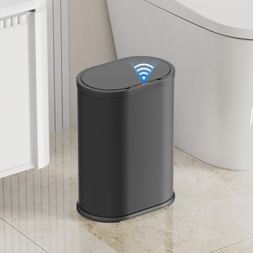 KdbK 1.6ガロン 自動バスルームゴミ箱 6L タッチレスモーションセンサーゴミ箱 蓋付き スマートステンレススチールゴミ箱 狭い場所 ...