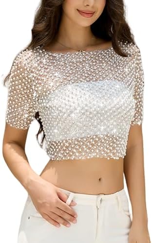 Women's Pearl Mesh Sheer Crop Top Sparkly Short Sleeve Glitter See ...
