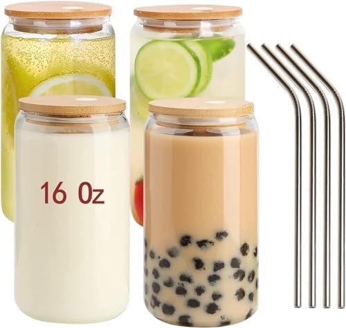 Amazon.com: 8 Pcs Drinking Glasses with Bamboo Lids and Glass Straw ...