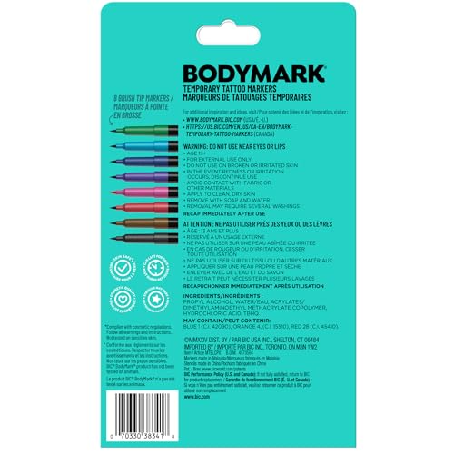 BODYMARK Temporary Tattoo Markers, 8-Count Color Collection, Skin-Safe ...
