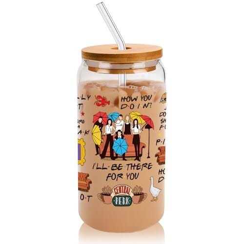 Ymuklns Friends 16 oz Coffee Glass Can Cup with Bamboo Lids and Straw ...