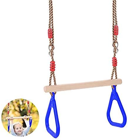 Wooden Trapeze Swing Kids Trapeze Bar with Plastic Triangular Gym Rings ...