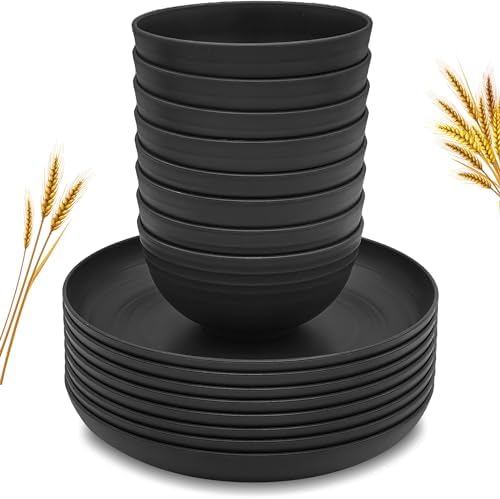 Amazon.com | Black Plates and Bowls Set of 8,10 Inch Large Wheat Straw ...