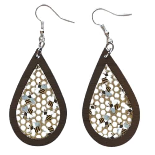 Amazon.com: Bee Honeycomb Teardrop Dangle Earrings, Wooden Earrings ...