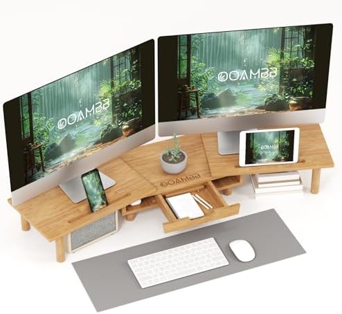 Amazon.com: OOAMBB Bamboo Dual Desk Monitor Stand Riser with Drawer ...