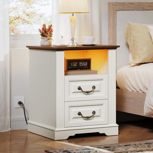 Amazon.com: RALGEND Farmhouse Nightstand with Charging Station, LED End ...