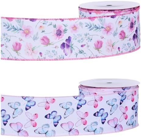 Amazon.com: Meseey Pastel Butterfly Wired Edge Ribbon Pastel Flower ...