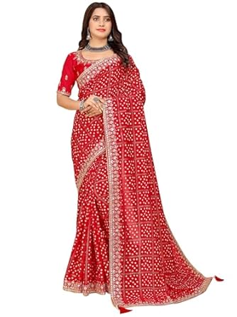 Buy AKHILAM Women's Red Vichitra Silk Bandhani Printed Saree With Unstitched Blouse Piece ...
