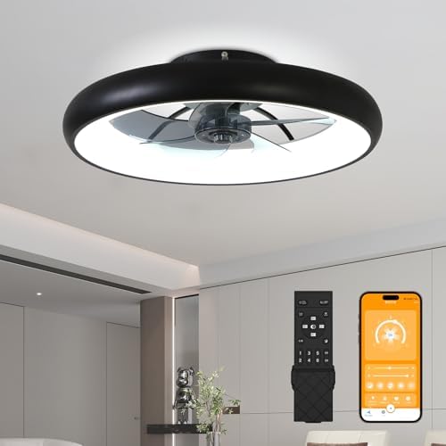 GDFStudio 21.7" Black Flush Mount Ceiling Fan with Light, Ultra-Thin 5. ...