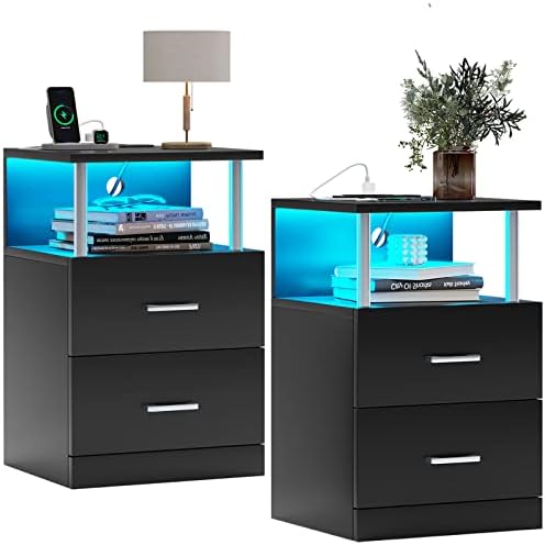 Amazon.com: PrimeZone LED Nightstand with Charging Station - Modern ...