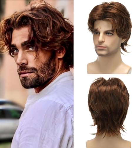 Amazon.com: Daiaces Mens Short Brown Wig Middle Part Short Hair,Natural ...