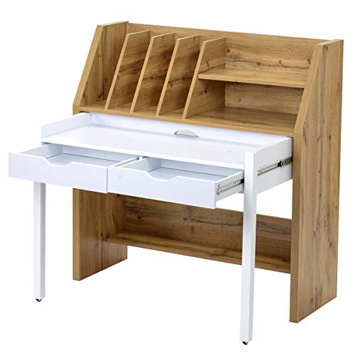 Computer Desk with Bookshelf, Pull-Out Office Writing Desk Versatile ...