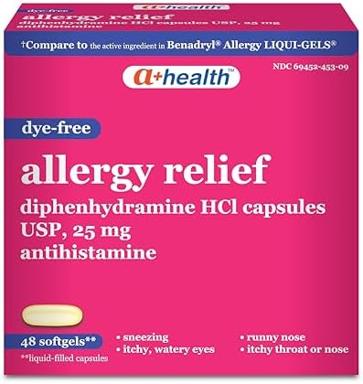 Amazon.com : A+Health Allergy Relief Dye-Free Diphenhydramine 25mg ...