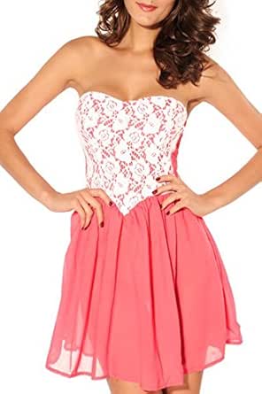 Amazon.com: Enearing Lace Spliced Strapless Color Block Frill Dress For ...