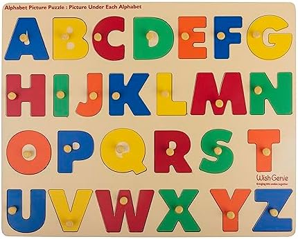 WISH GENIE Wooden English Capital Alphabets Puzzle Pegs with Knob for ...