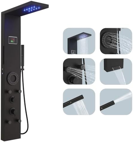 Hoimpro Black LED Shower Panel Tower System, 8-Function Shower Panel Light Rainfall Waterfall ...