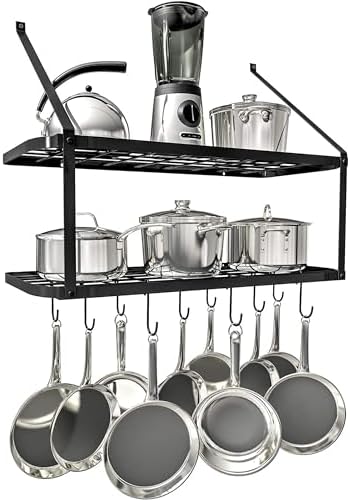 Amazon.com: SODUKU Pot Pan Rack with Solid Wood Shelf, Wall Mounted ...