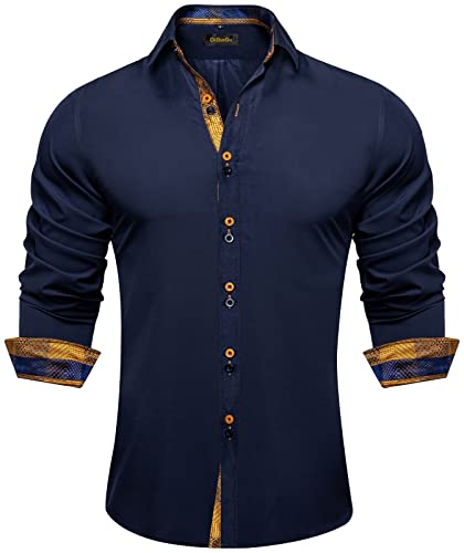 DiBanGu Mens Long Sleeve Dress Shirts Cotton Dark Blue Gold Button Down ...