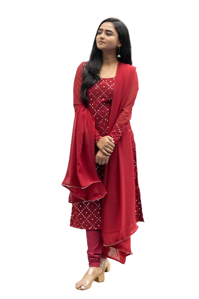Buy Amouk Women's Georgette Embroidery Straight Kurta Set with Dupatta ...