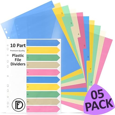 A4 File Dividers, 5 Pack 10 Part Coloured Multi Hole Punched Tabbed ...