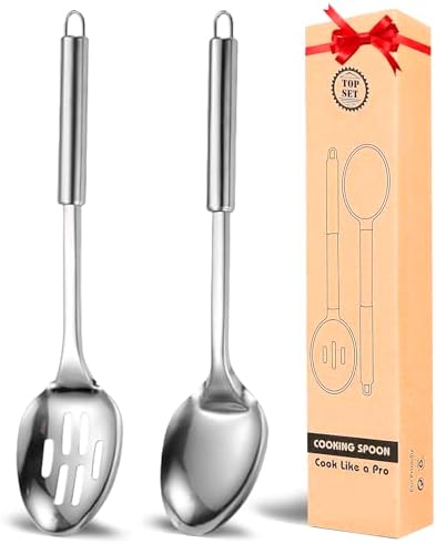 Amazon.com: Stainless Steel Large Cooking Spoon Set, 2 Pack Serving ...
