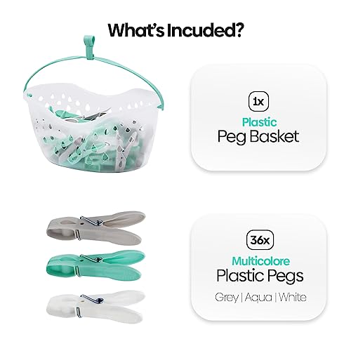 Flatro 36 Pegs for Washing Line with Hanging Basket | Heavy Duty ...