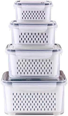 4 Pack Large Fridge Food Storage Container Set with Lids with Strainer ...