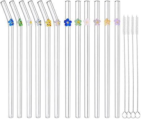 Amazon.com: 16 Pieces Reusable Glass Straw with Flower Cute Colorful ...