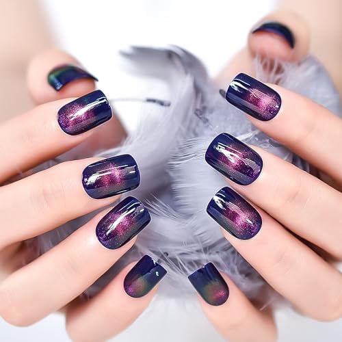 Amazon.com: LINSSQ Shimmer Blue Press on Nails Pink Cat Eye Gel Nails ...