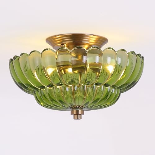 Semi Flush Mount Ceiling Light, Scalloped Green Glass Close to Ceiling ...