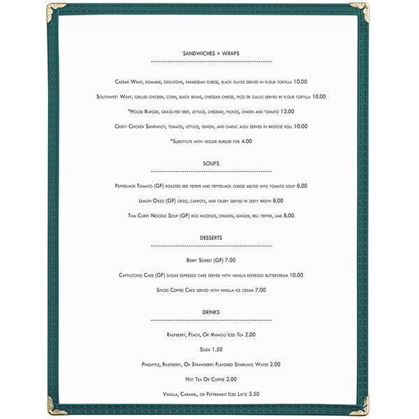 Snapklik.com : Set Of 10 Green 8-1/2 X 11 Single Restaurant Menu Covers ...