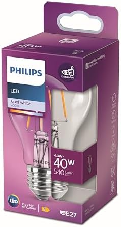 Philips ampoule LED Standard E27 40W Blanc Froid Claire, Verre : Amazon.fr: Luminaires et Éclairage