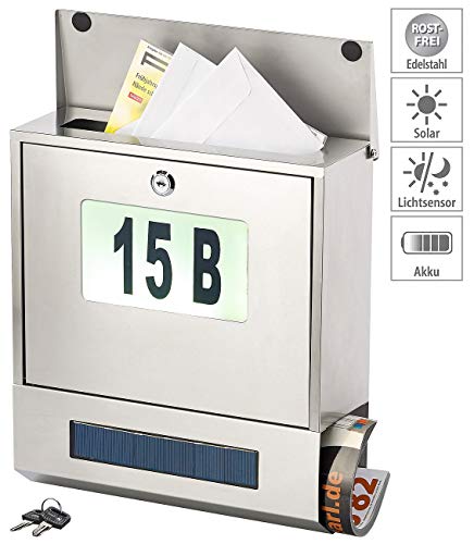 Lunartec Post Box: Stainless Steel Letterbox, Solar Light House Number ...
