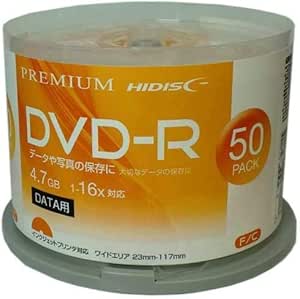Amazon.co.jp: PREMIUM HIDISC DVD-R データ用 16倍速 4.7GB ホワイトワイドプリンタブル スピンドルケース 50枚×18個 HDVDR47JNP50 ...