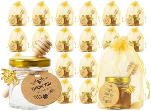 Amazon.com: 1.5oz 24 Pack Mini Glass Hexagon Canning Jars with Gold Lid, Bee Charms Pendant ...