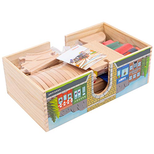 ORBRIUM 52 Pcs Deluxe Wooden Train Set with Wooden Storage Box Tunnel ...