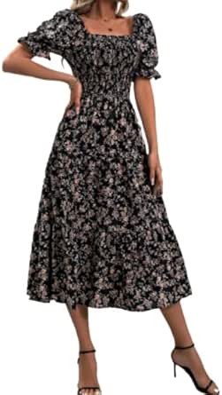 Amazon.com: Floral Print A-Line Dress with Puff Sleeves, Comfortable ...
