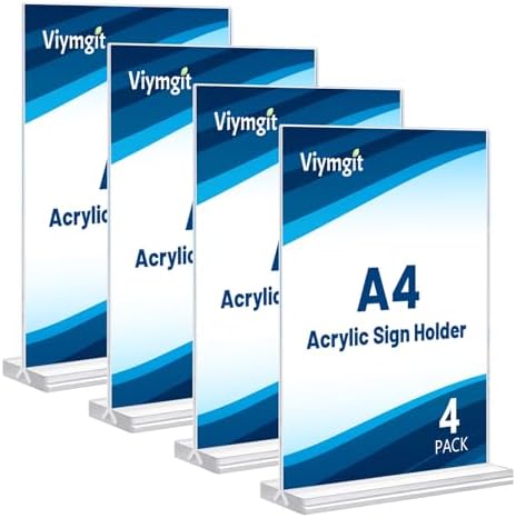 Viymgit A4 Acrylic Sign Holder, 4 Pack Clear Double-Side Table Perspex ...